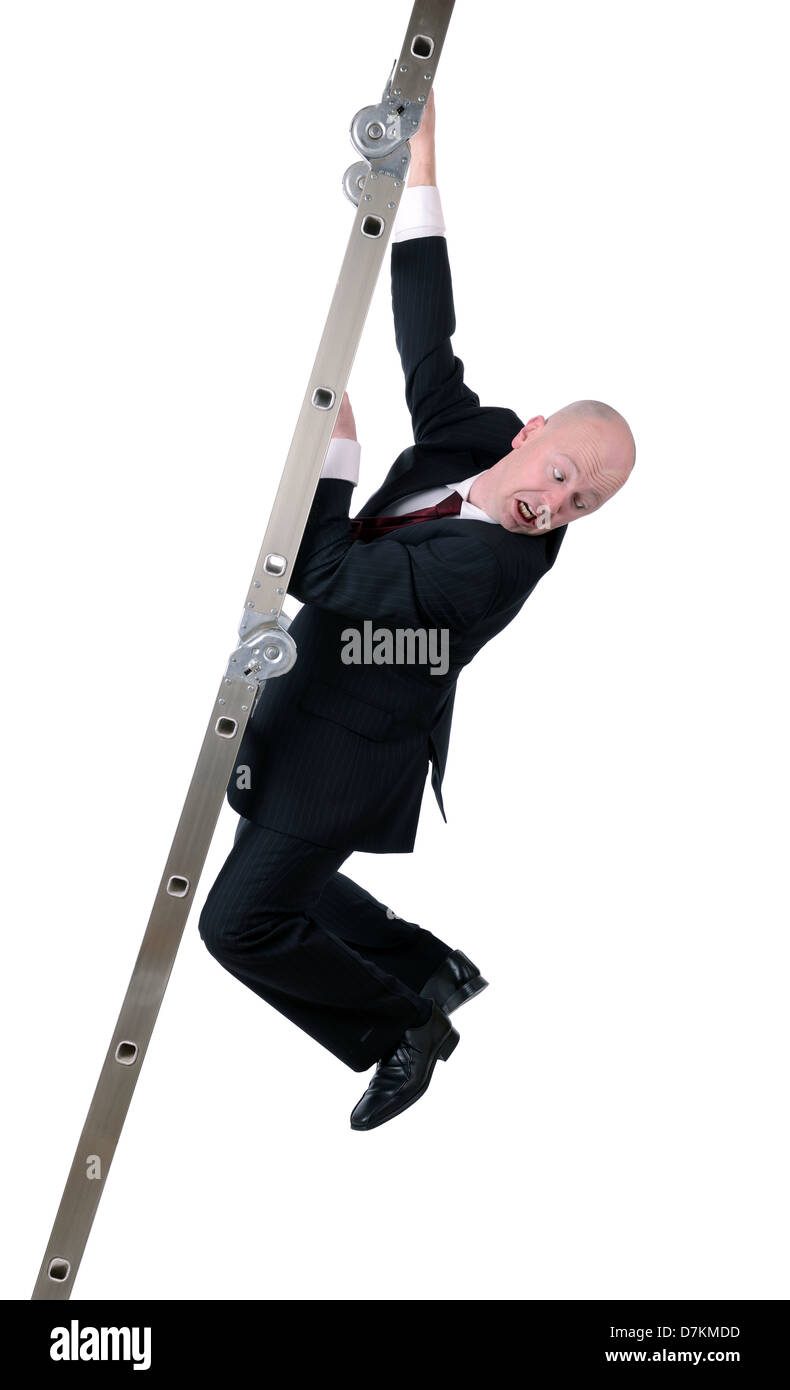 businessman hanging on to ladder isolated on white background Stock ...