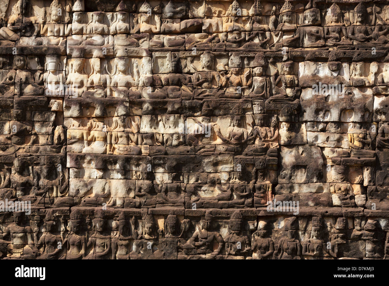 Carved temple wall, King Leper terrace, Angkor Thom, Cambodia Stock ...