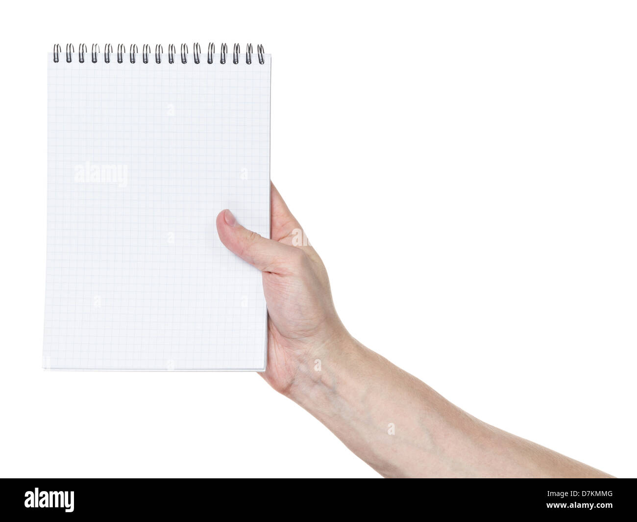 adult man hand holding notebook on a spring with blank page to write ...