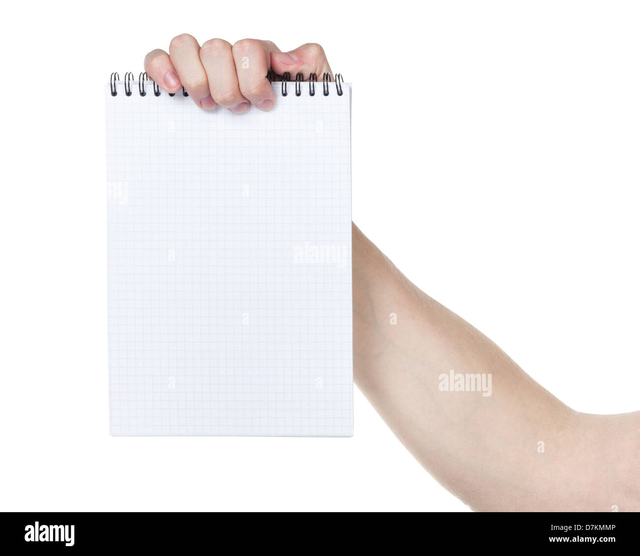 adult man hand holding notebook on a spring with blank page to write ...