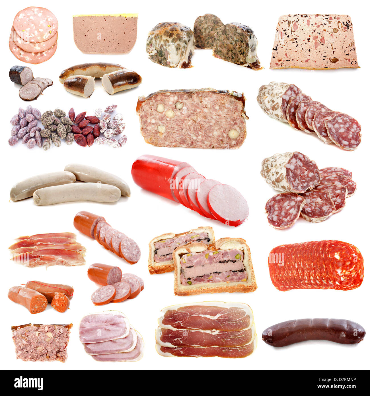 cooked meats in front of white background Stock Photo - Alamy