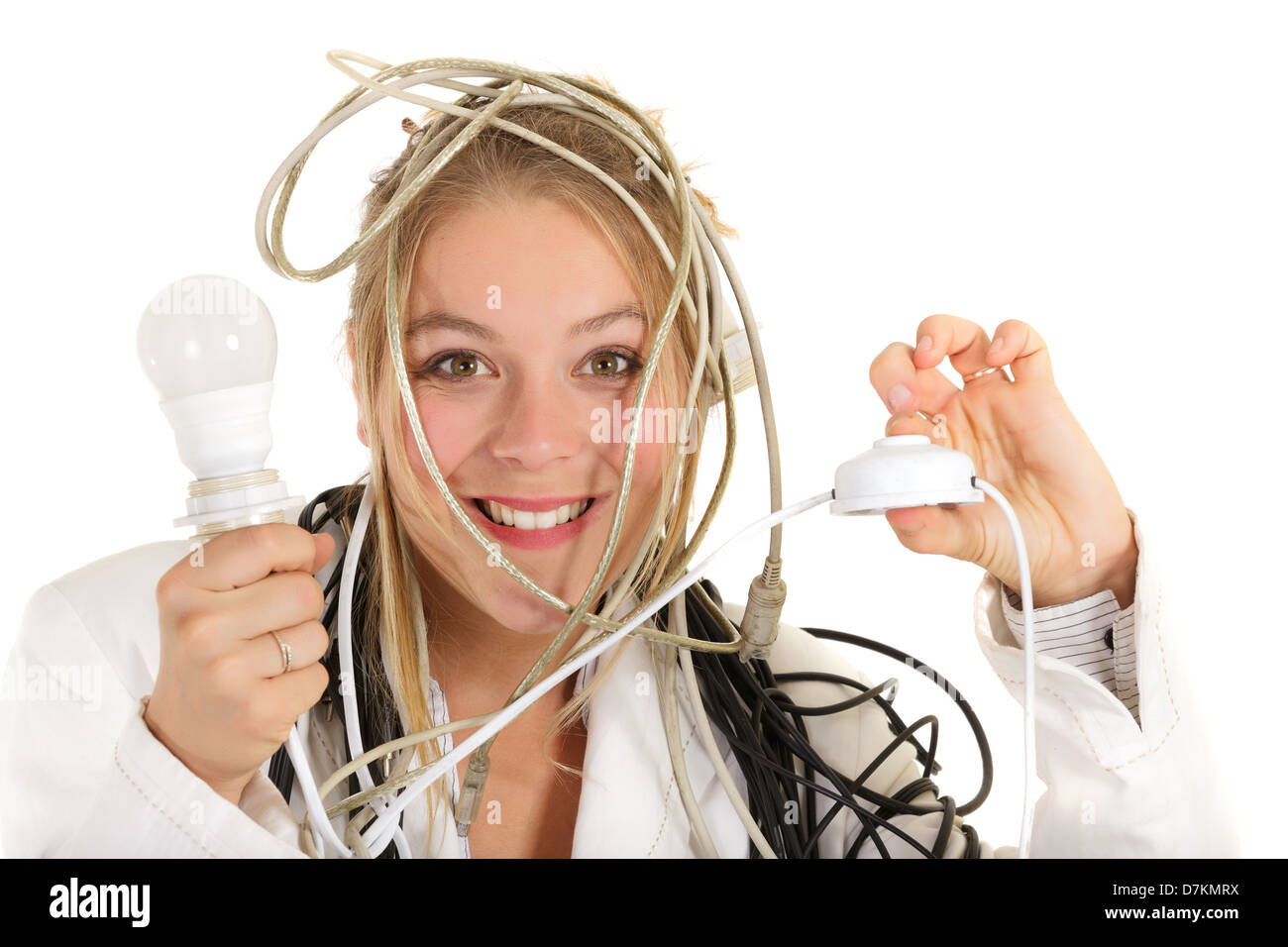 Business woman pushing electric switch and holding white bulb Stock ...