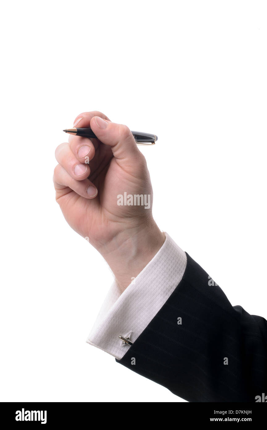 Man in suit holding pen up isolated on white background Stock Photo - Alamy
