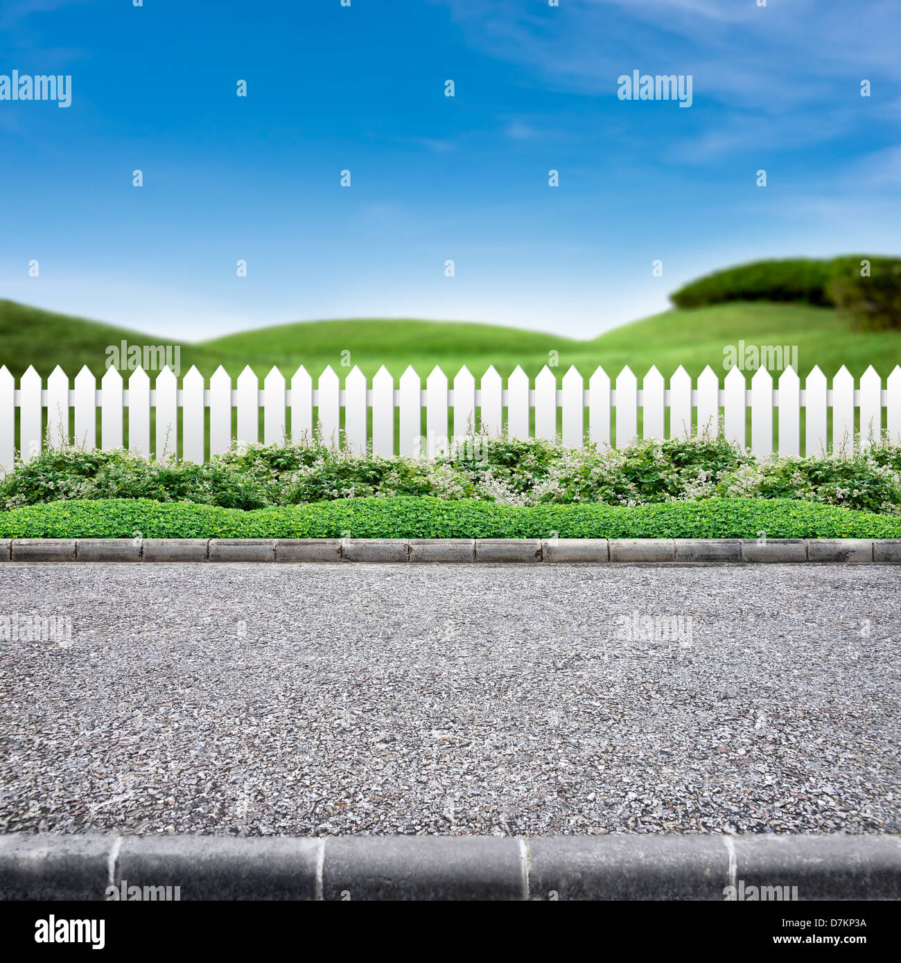 Roadside view and white fence on green lanscape background Stock Photo ...