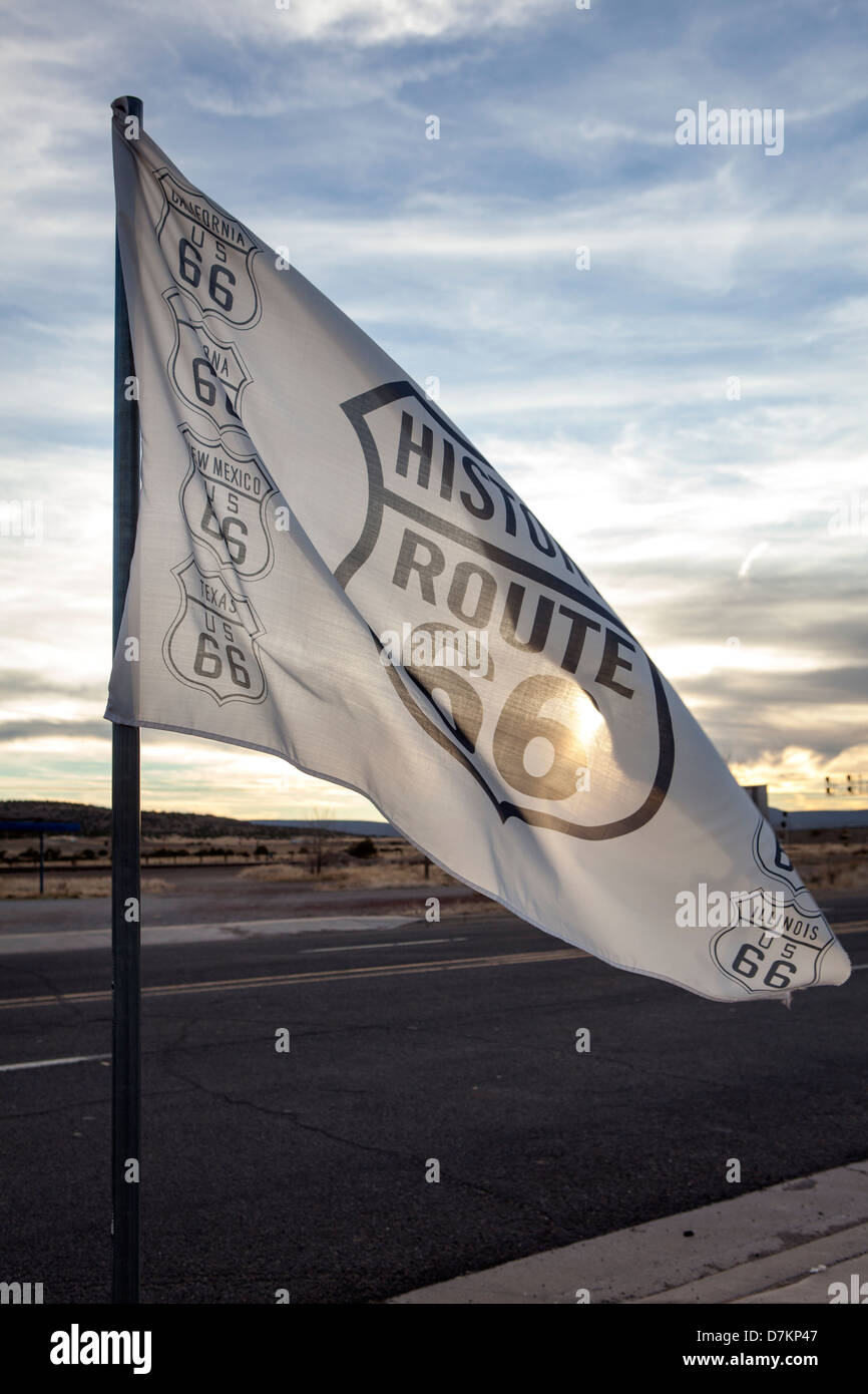 A Historic Route 66 flag at sunset, Seligman, route66, Arizona, USA ...