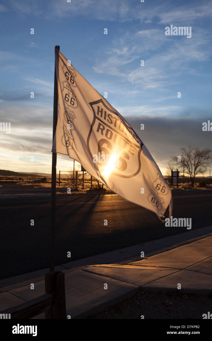 A Historic Route 66 flag at sunset, Seligman, route66, Arizona, USA ...