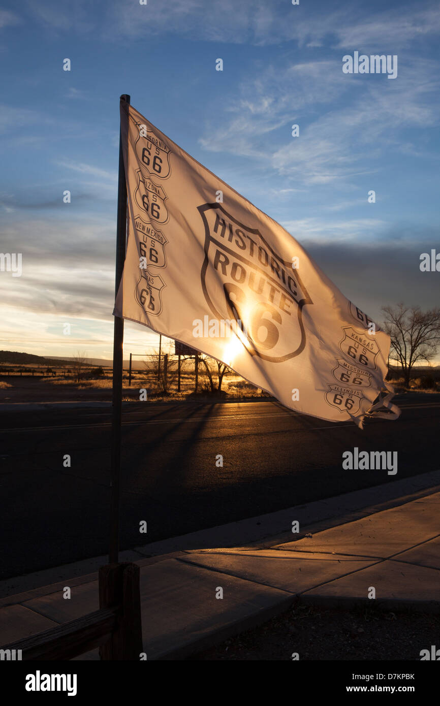 A Historic Route 66 flag at sunset, Seligman, route66, Arizona, USA ...