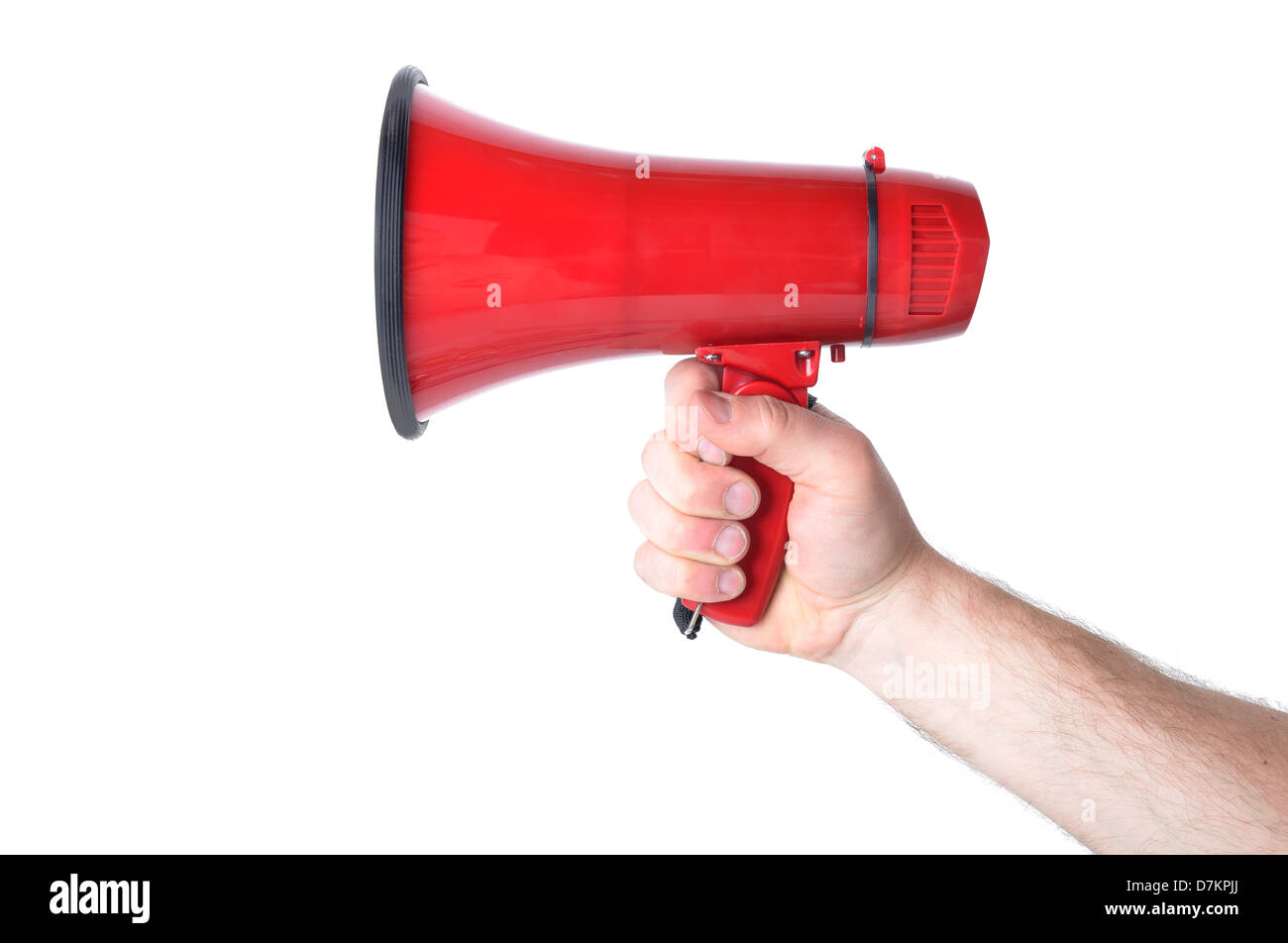 Hand holding a red Megaphone isolated on white Stock Photo - Alamy