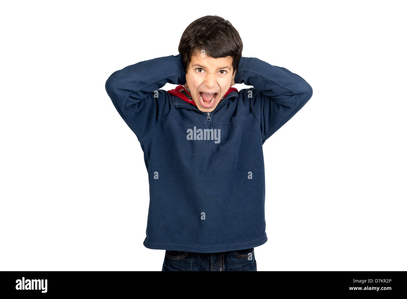 Young boy screaming isolated in white Stock Photo - Alamy