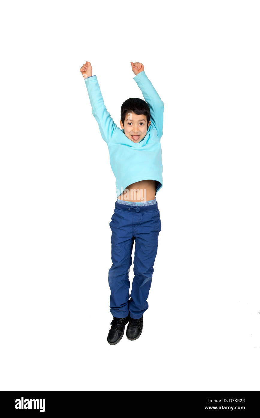 Young boy jumping isolated in white Stock Photo - Alamy