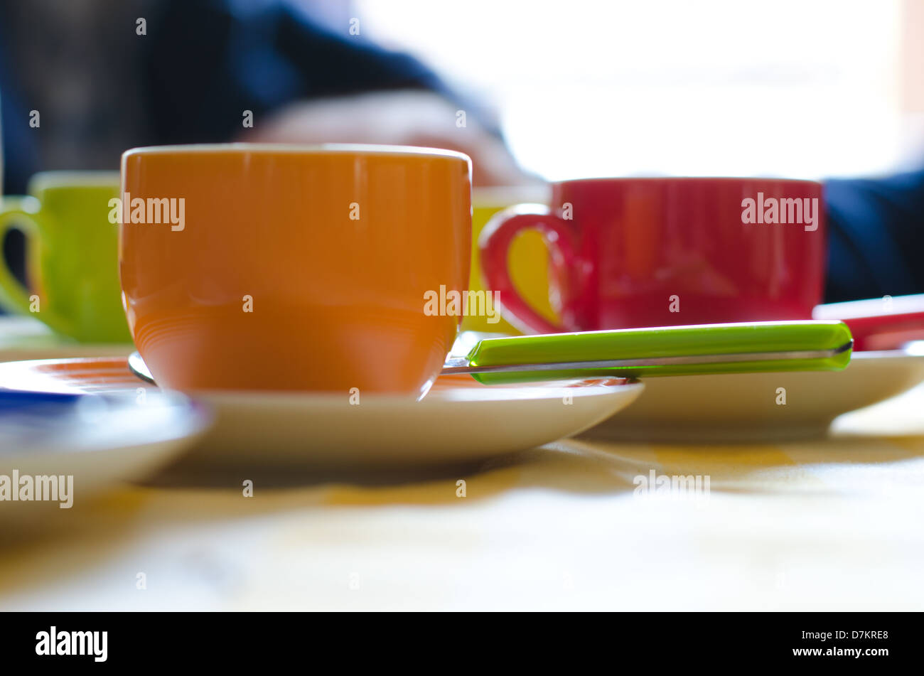 Breakfast tea and coffee cups, very colorful and bright Stock Photo - Alamy