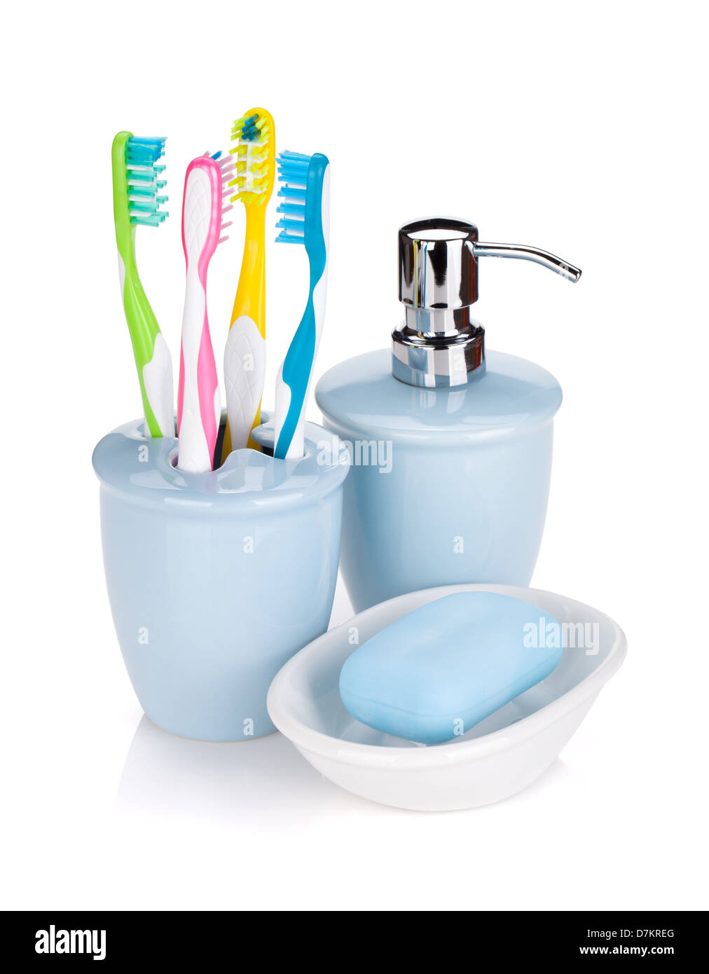 Four colorful toothbrushes and soap. Isolated on white background Stock ...