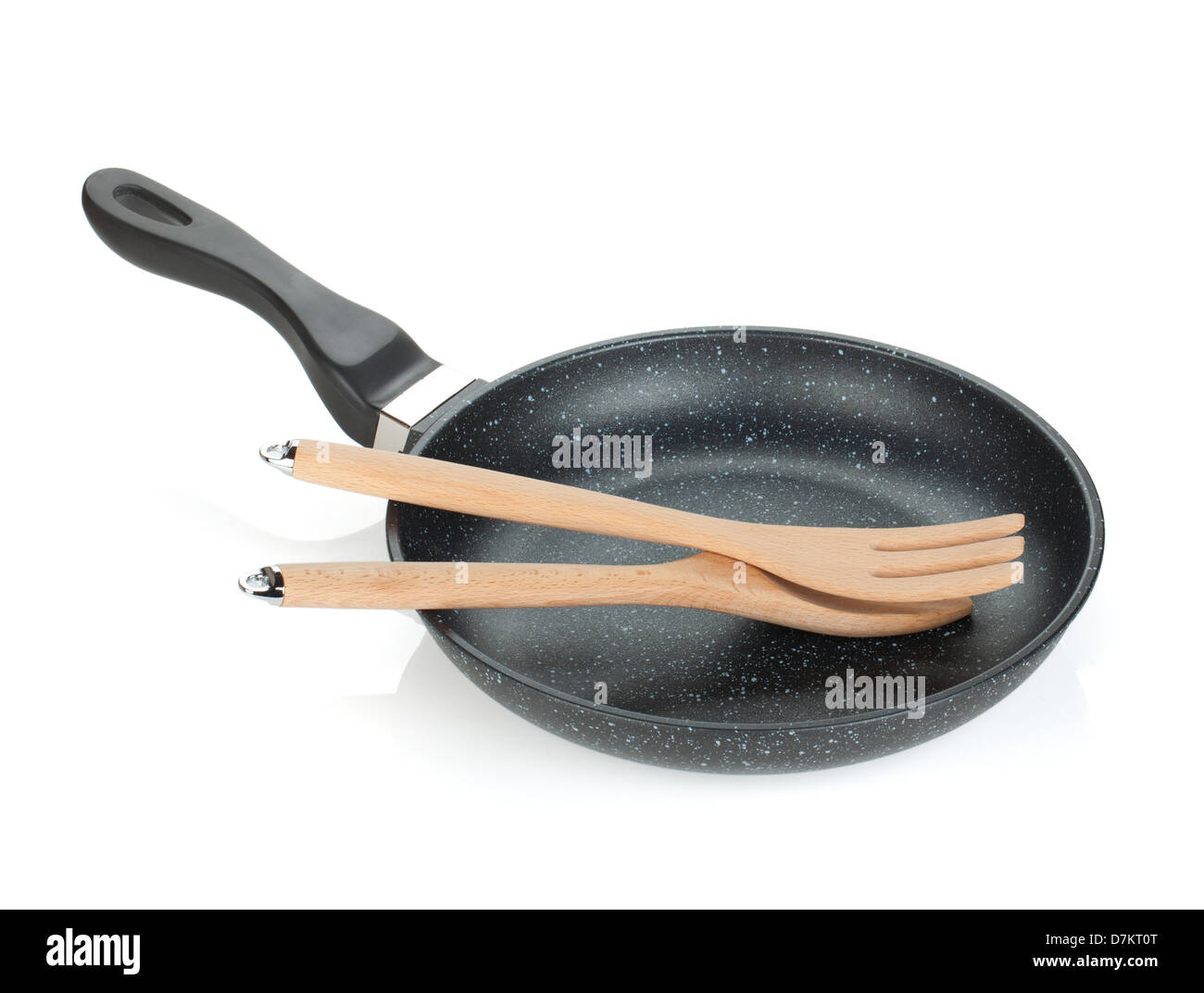 Frying pan with wooden utensils. Isolated on white background Stock ...