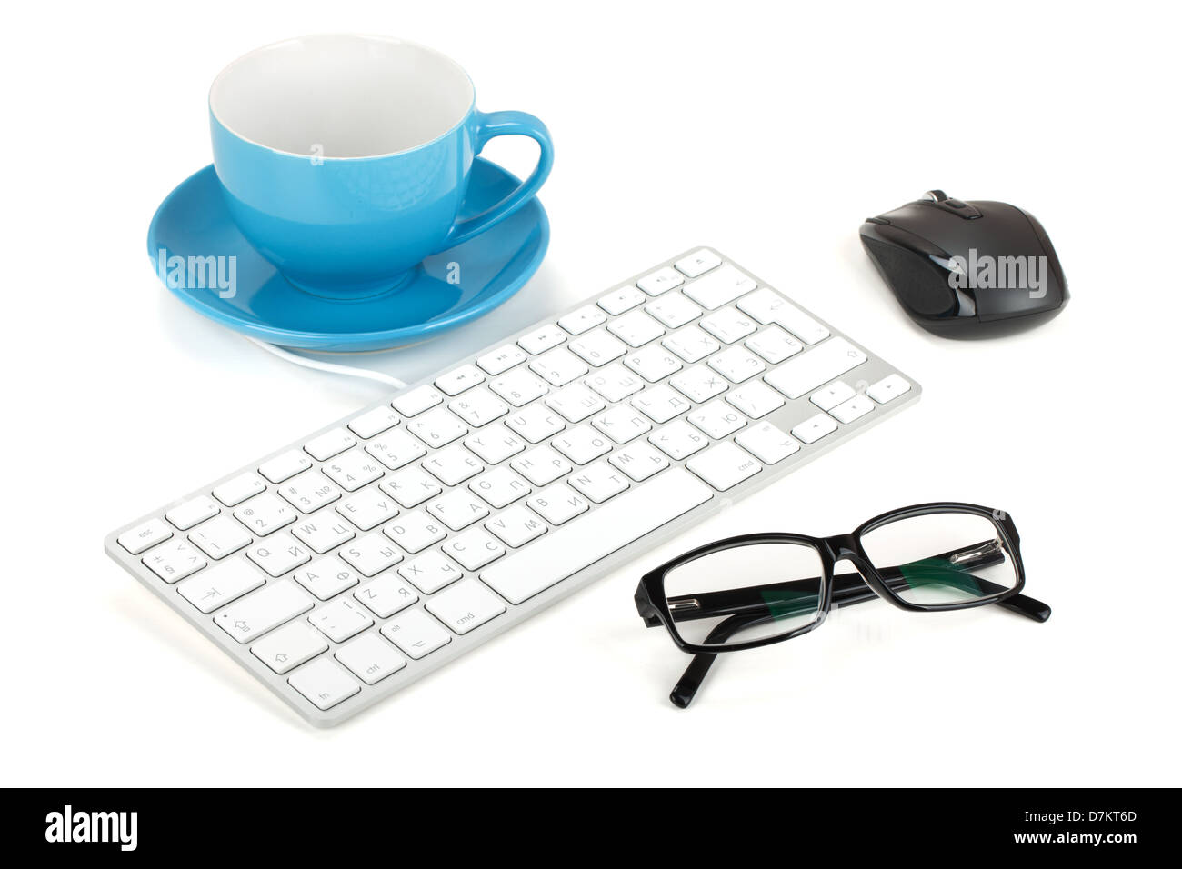Coffee cup, keyboard, mouse and glasses. Isolated on white background ...