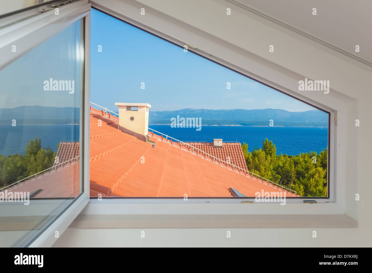 Seaview through open window over mediterranean Stock Photo - Alamy