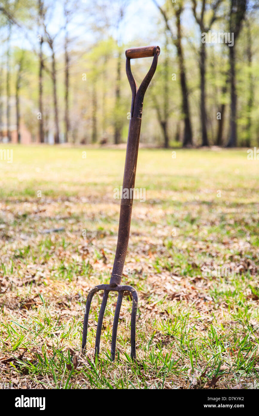 A pitch fork stands at the ready on a spring day at the farm Stock ...
