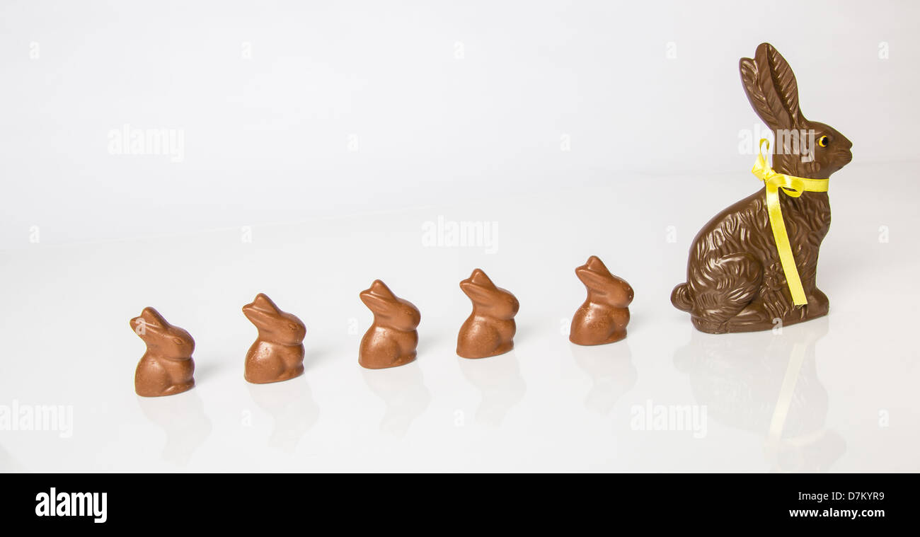 Large Chocolate Easter bunny with smaller chocolate bunnies lined up in ...