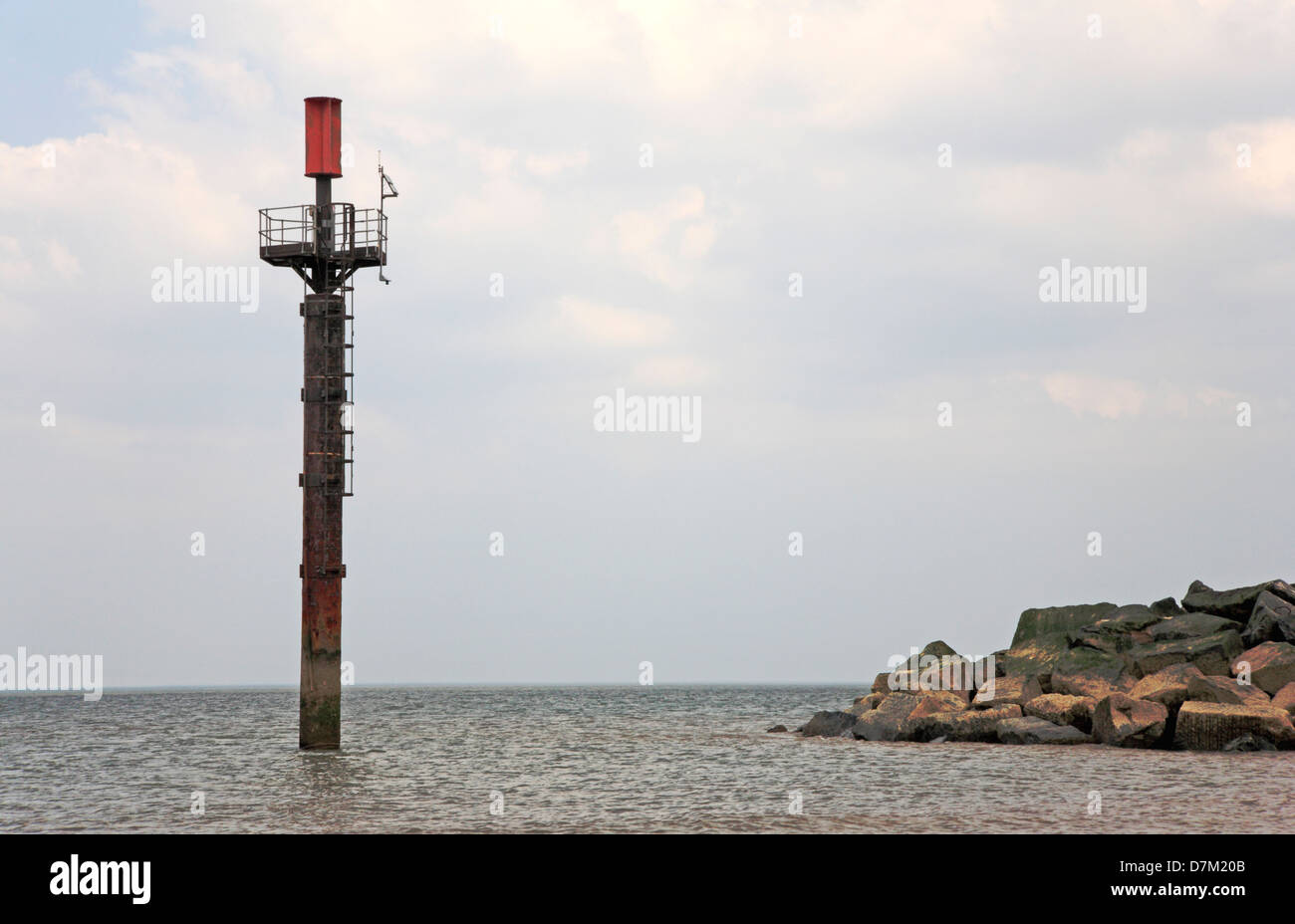 A view of a marker post for an artificial reef at Eccles-on-Sea near ...