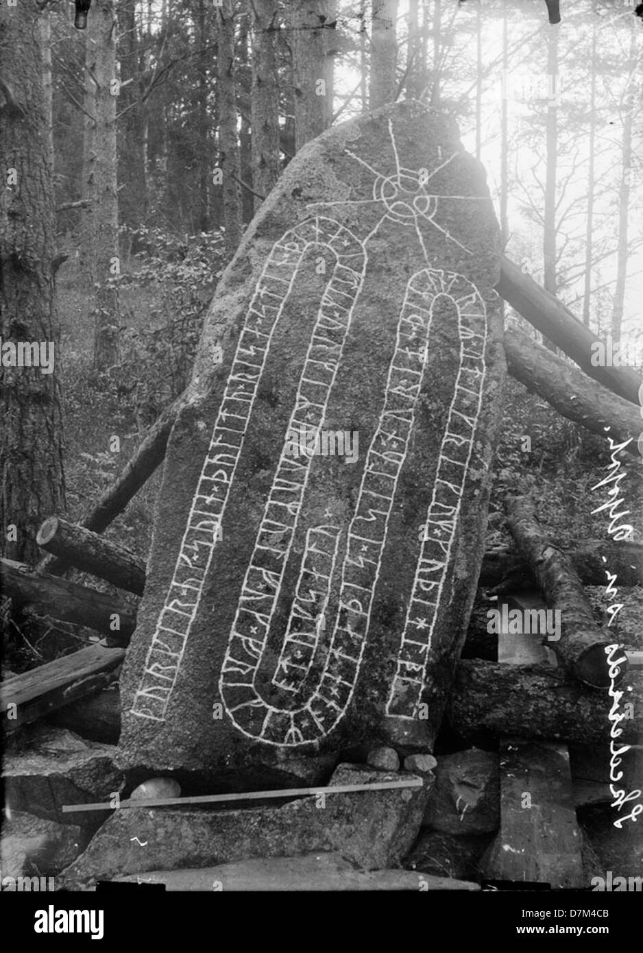 A rune stone located in Värstra Ledinge, Uppland, Sweden, showing ...