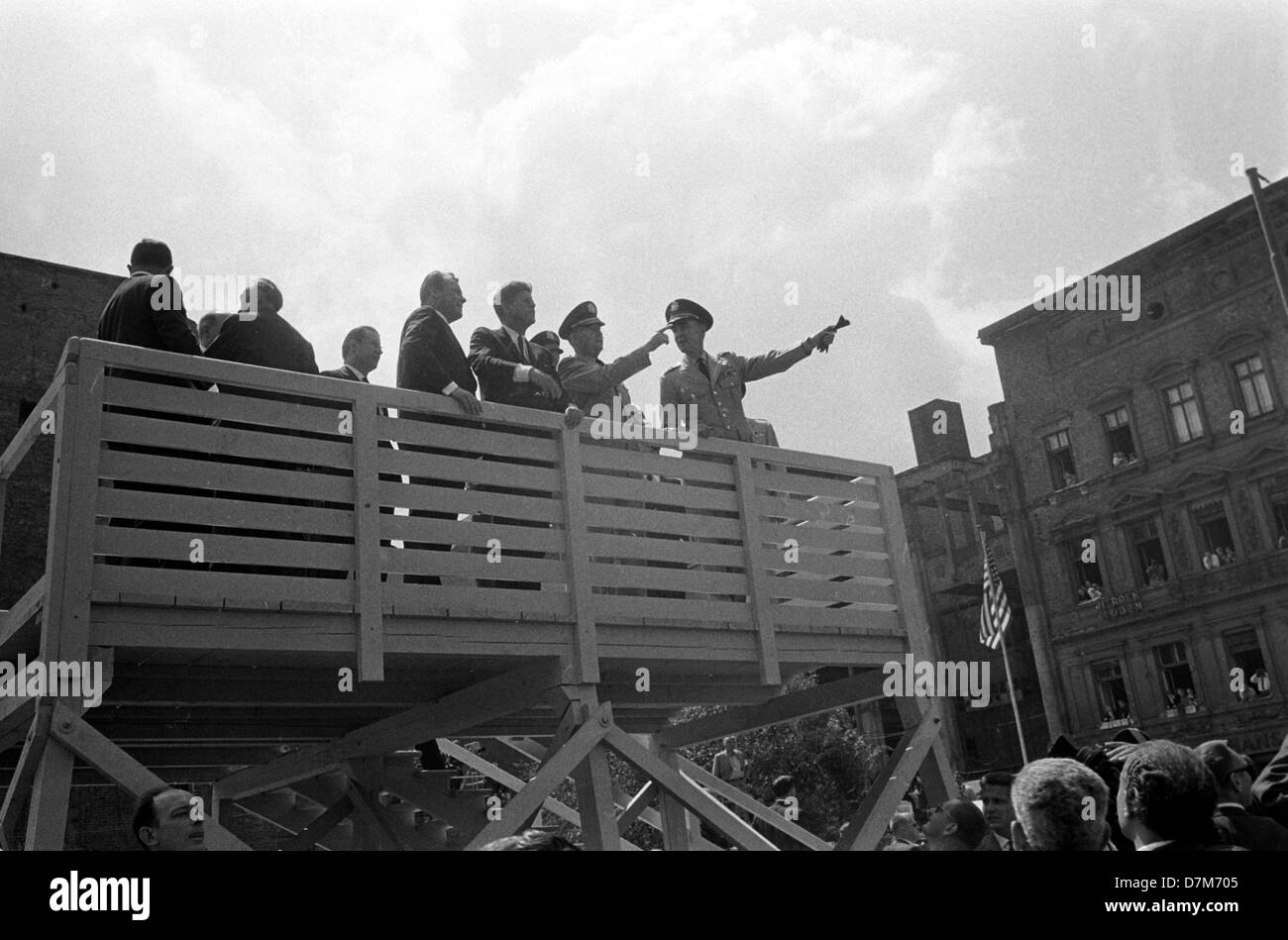 US president John F. Kennedy (M) at a view point at the Berlin wall on ...