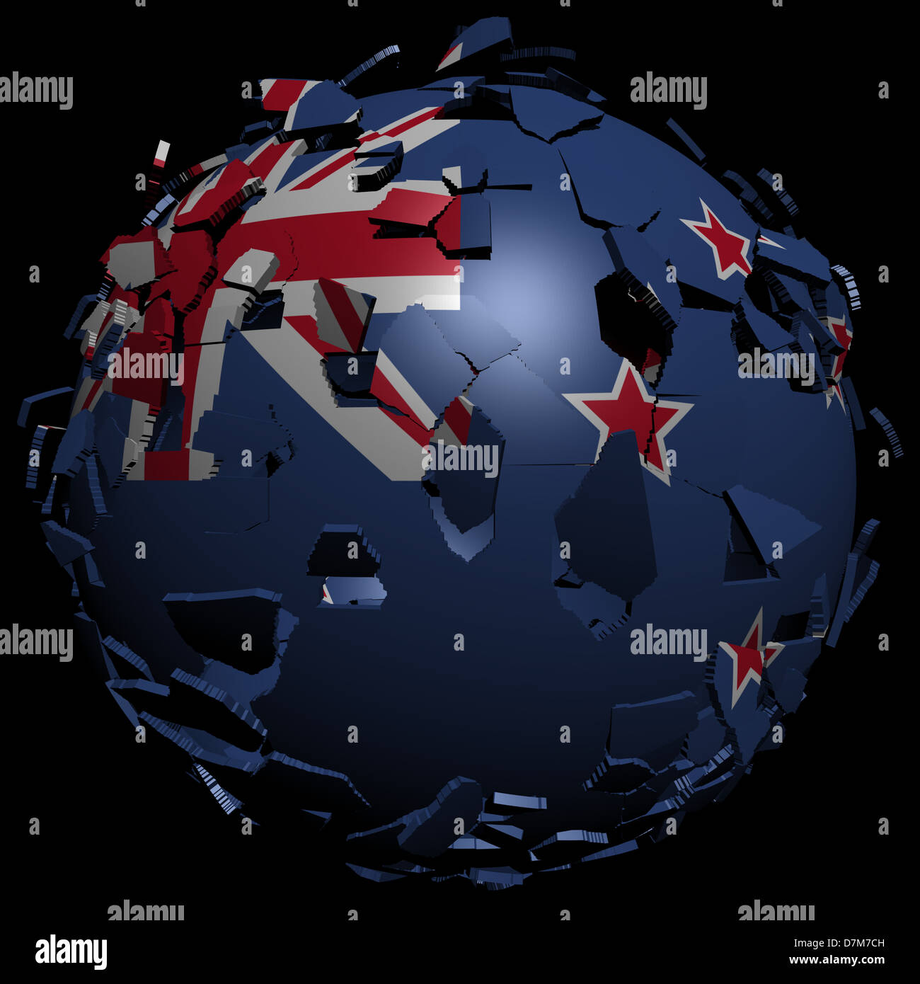 New Zealand flag sphere breaking apart illustration Stock Photo - Alamy