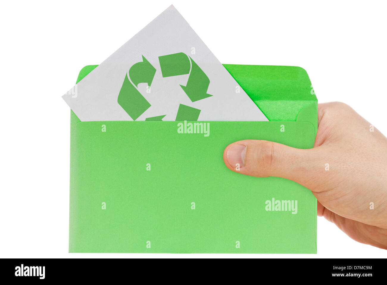 Hand holding ecology envelope with symbol of recycling Stock Photo - Alamy