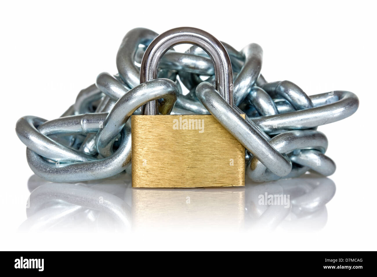 Yellow metal padlock and chain with reflection on white background ...
