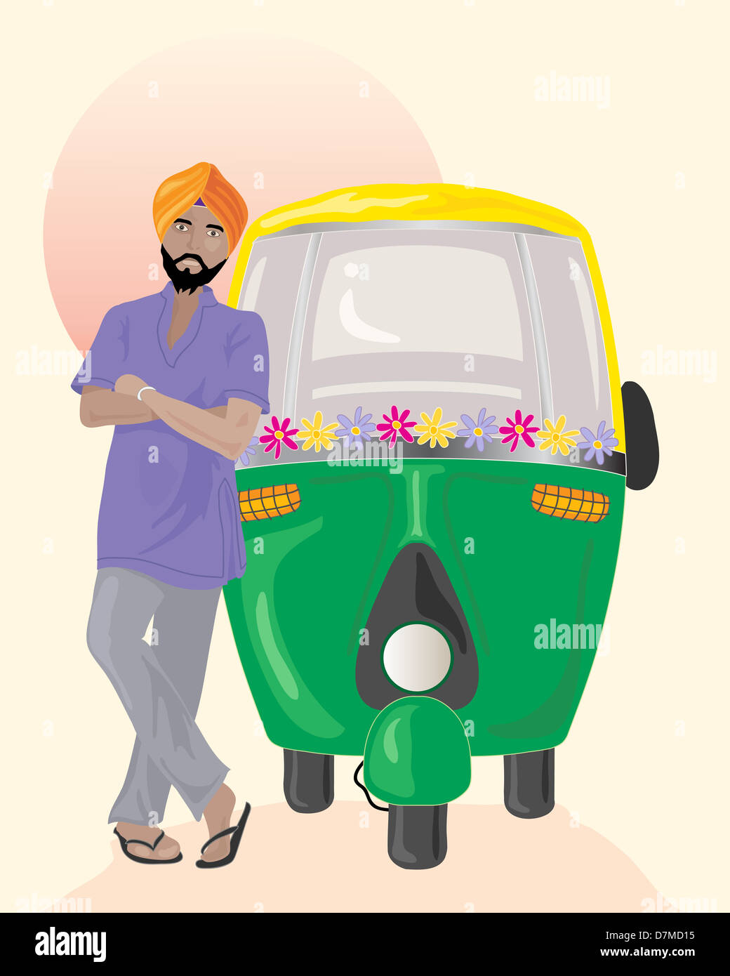 an illustration of a Sikh taxi driver with orange turban standing next ...