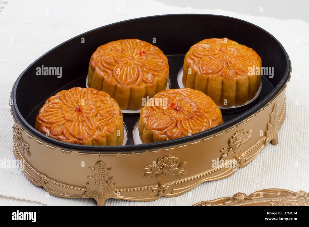 Moon cakes in beautiful box, traditional dessert for the Chinese mid ...