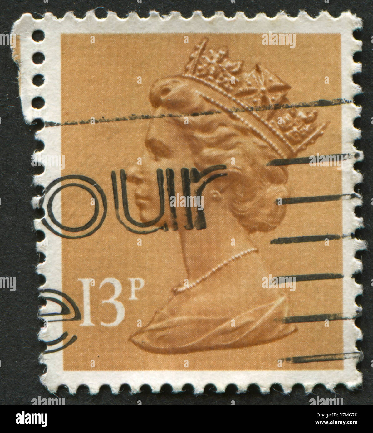 A stamp printed in UK shows image of Elizabeth II is the constitutional ...