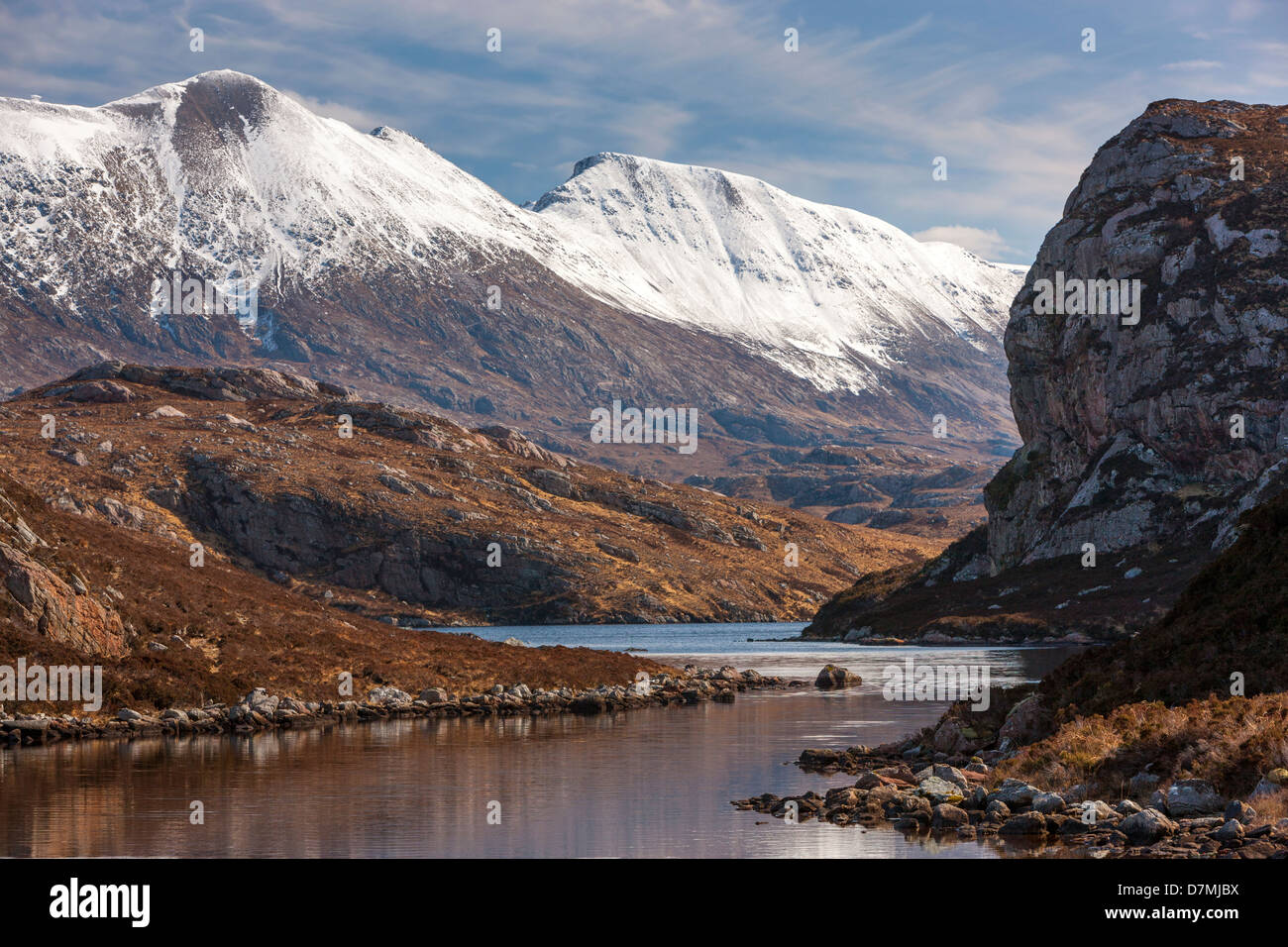 A view over Loch na Thull towards Foinaven (Foinne Bhein) mountain ...