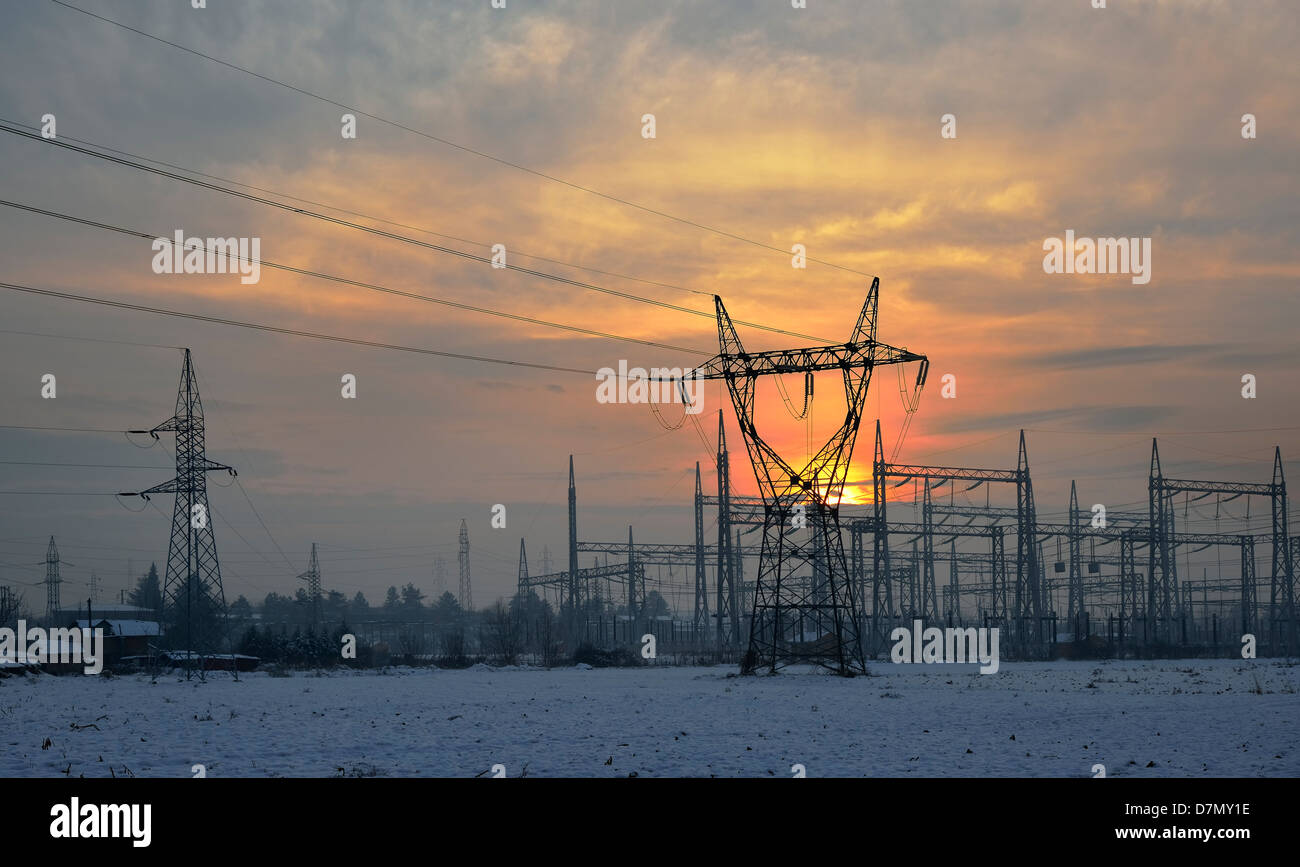 Sunrise high voltage post tower hi-res stock photography and images - Alamy