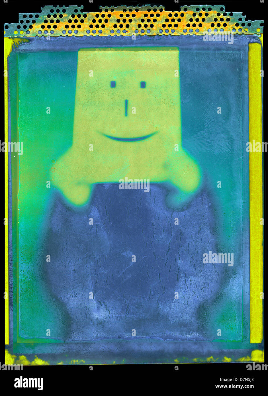 A person holds a smiley face sign in front of head, uncropped polaroid ...