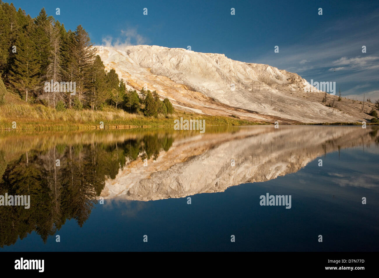 Mammoth Hot Springs, reflected in small pond, Yellowstone National Park ...