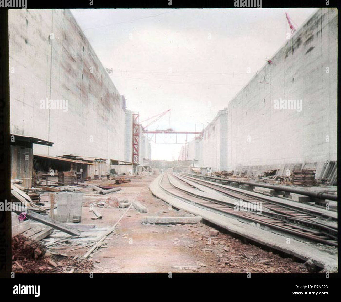 A photo documenting the construction of the Gatun Lock during the early ...