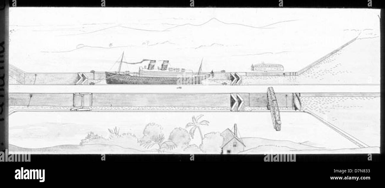 A technical drawing of a lock from the Panama Canal, created during its ...