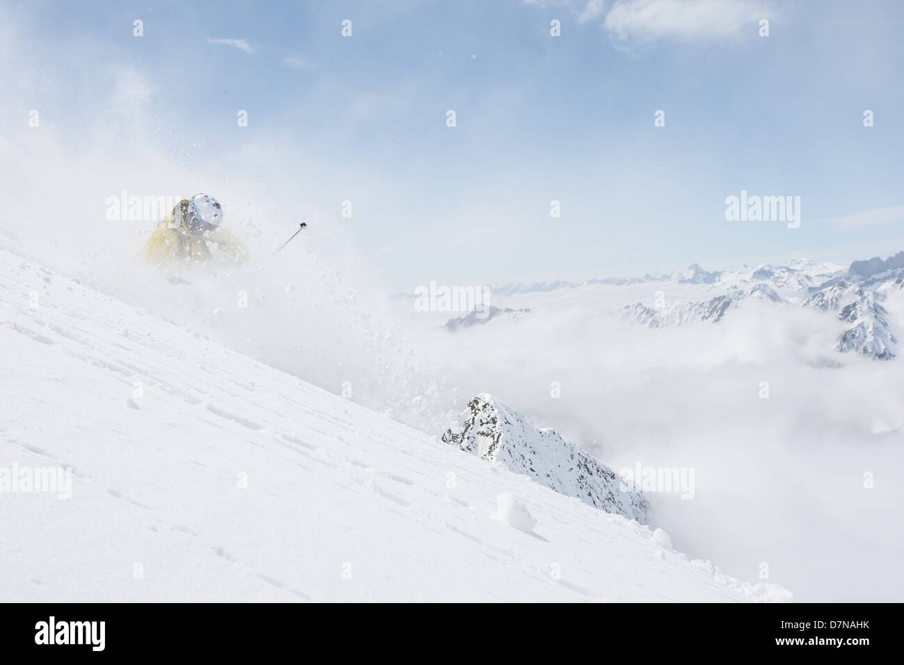 Skier in deep powder above chamonix valley Stock Photo - Alamy