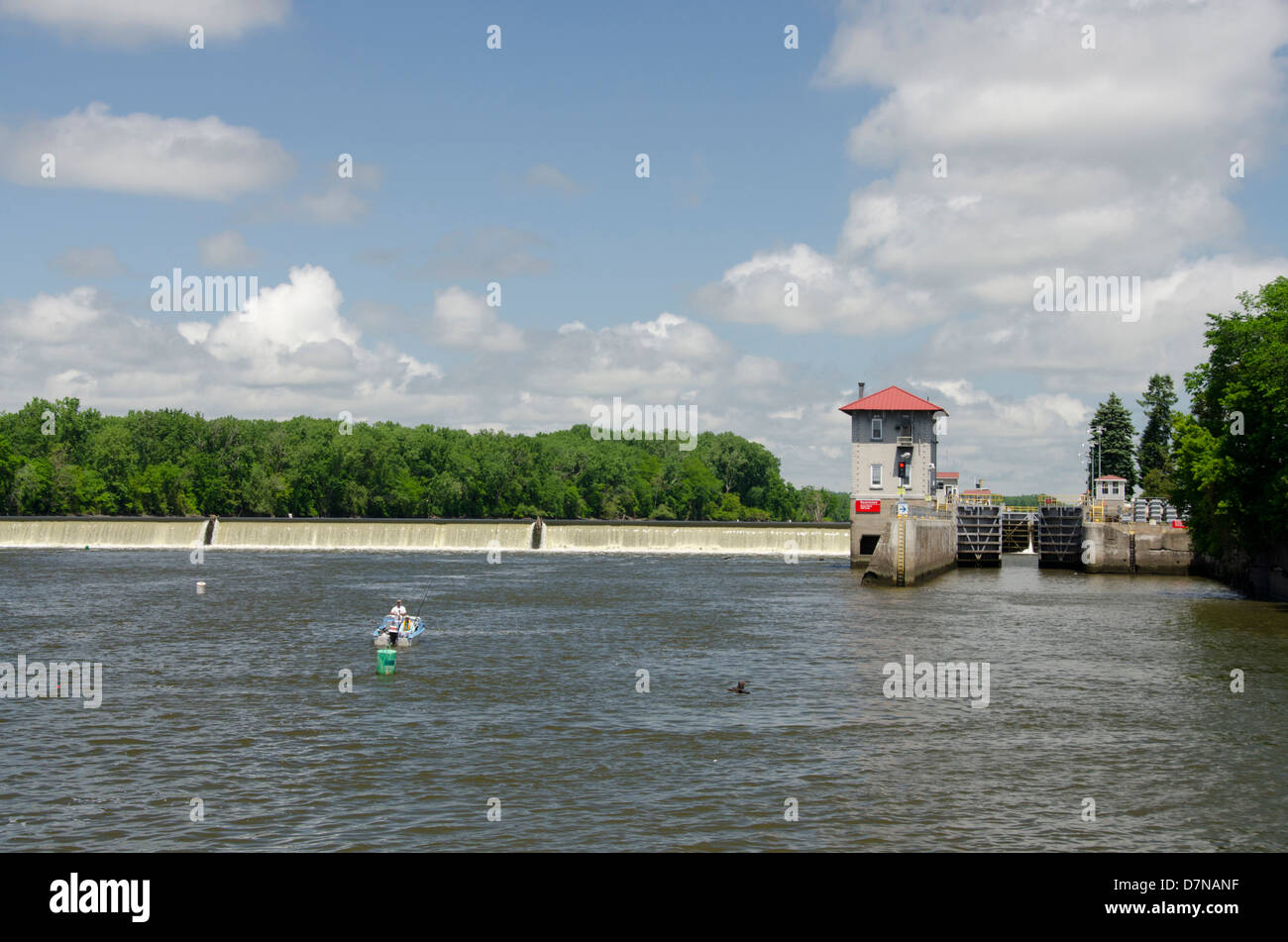New York, Troy. Hudson River, fisherman in front of Federal Lock Stock ...