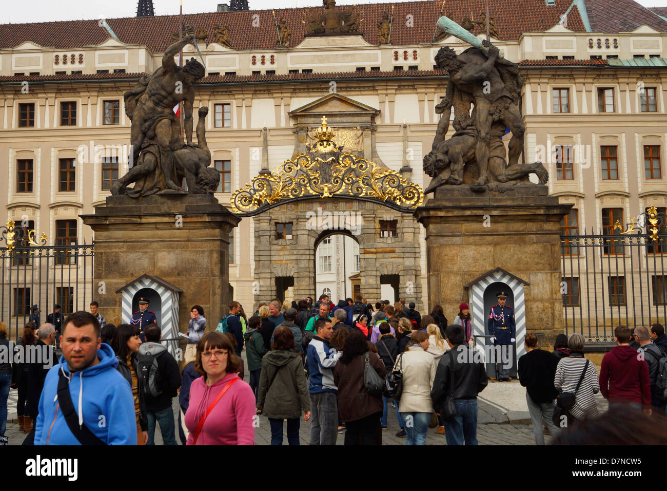 Entrance Gates to Prague Castle. The two statues are of fighting giants ...