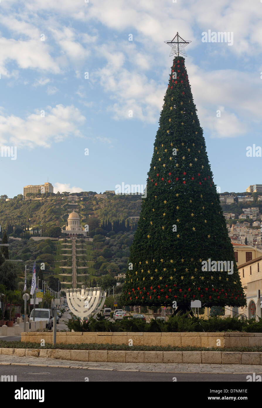 Christmas tree on the background of Bahai Temple,vertical Stock Photo ...