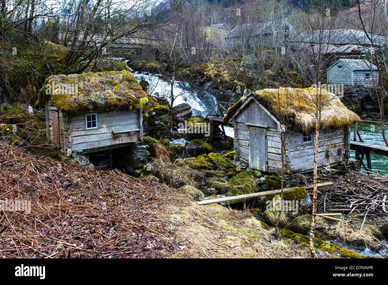 Wooden sheds by river. Olden Norway Stock Photo - Alamy