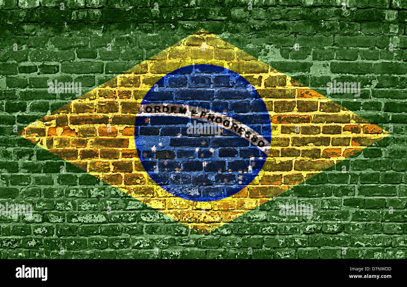 Brazil flag painted on old brick wall texture background Stock Photo ...