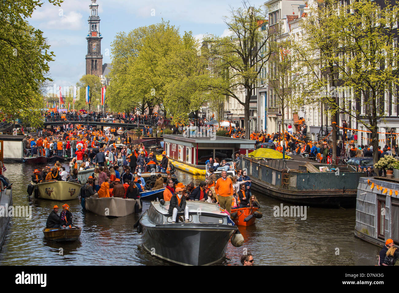 Annual Queens Day in The Netherlands. Boat parade in the canals of ...