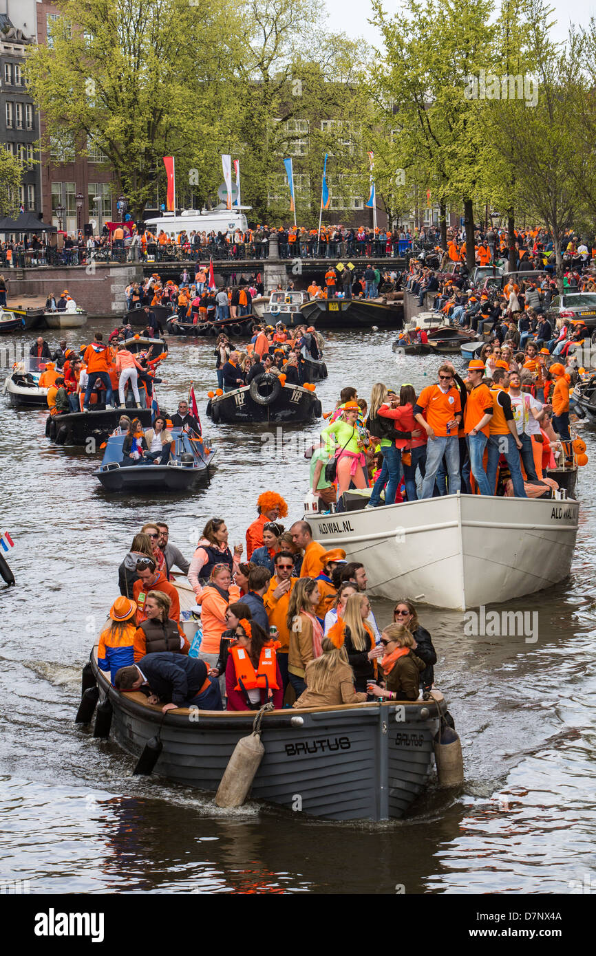 Annual Queens Day in The Netherlands. Boat parade in the canals of ...