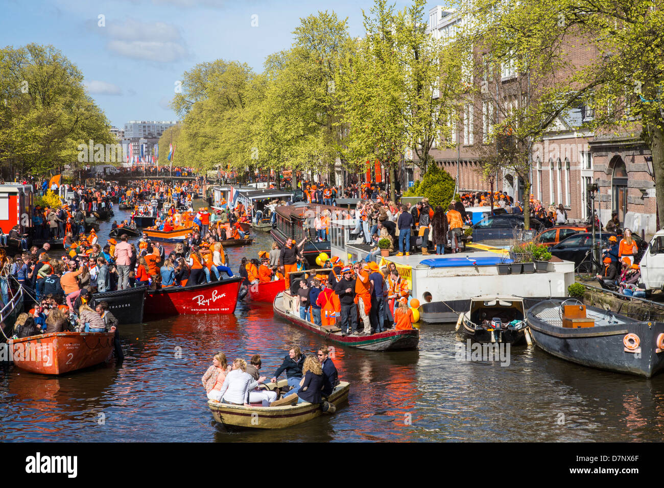 Annual Queens Day in The Netherlands. Boat parade in the canals of ...