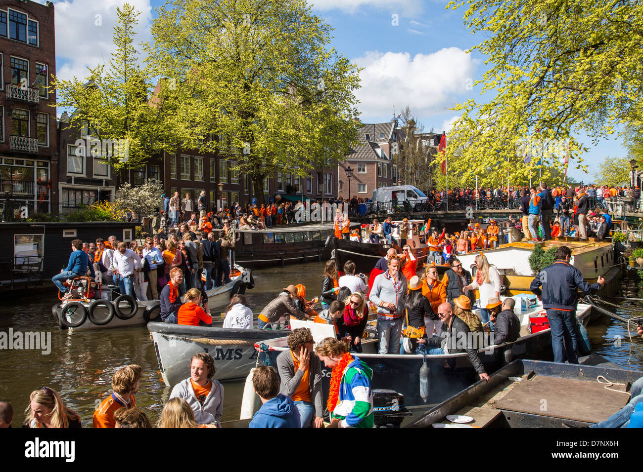 Annual Queens Day in The Netherlands. Boat parade in the canals of ...