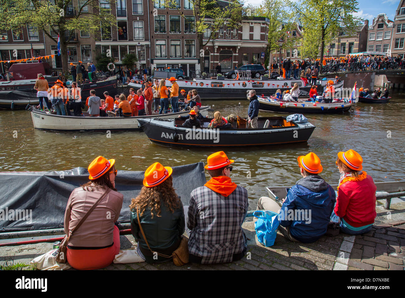 Annual Queens Day in The Netherlands. Boat parade in the canals of ...