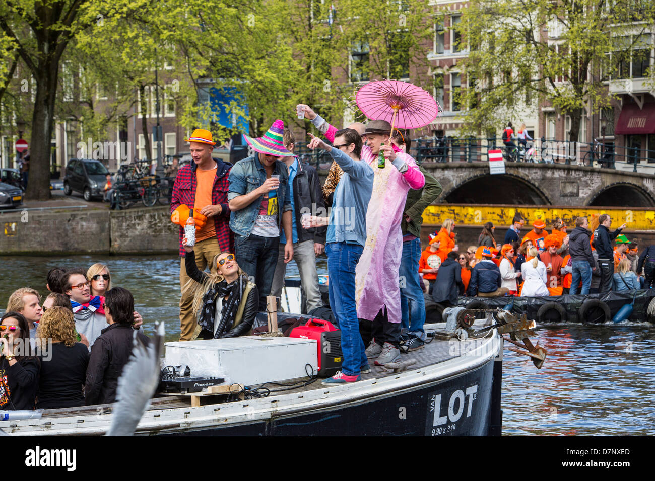 Annual Queens Day in The Netherlands. Boat parade in the canals of ...