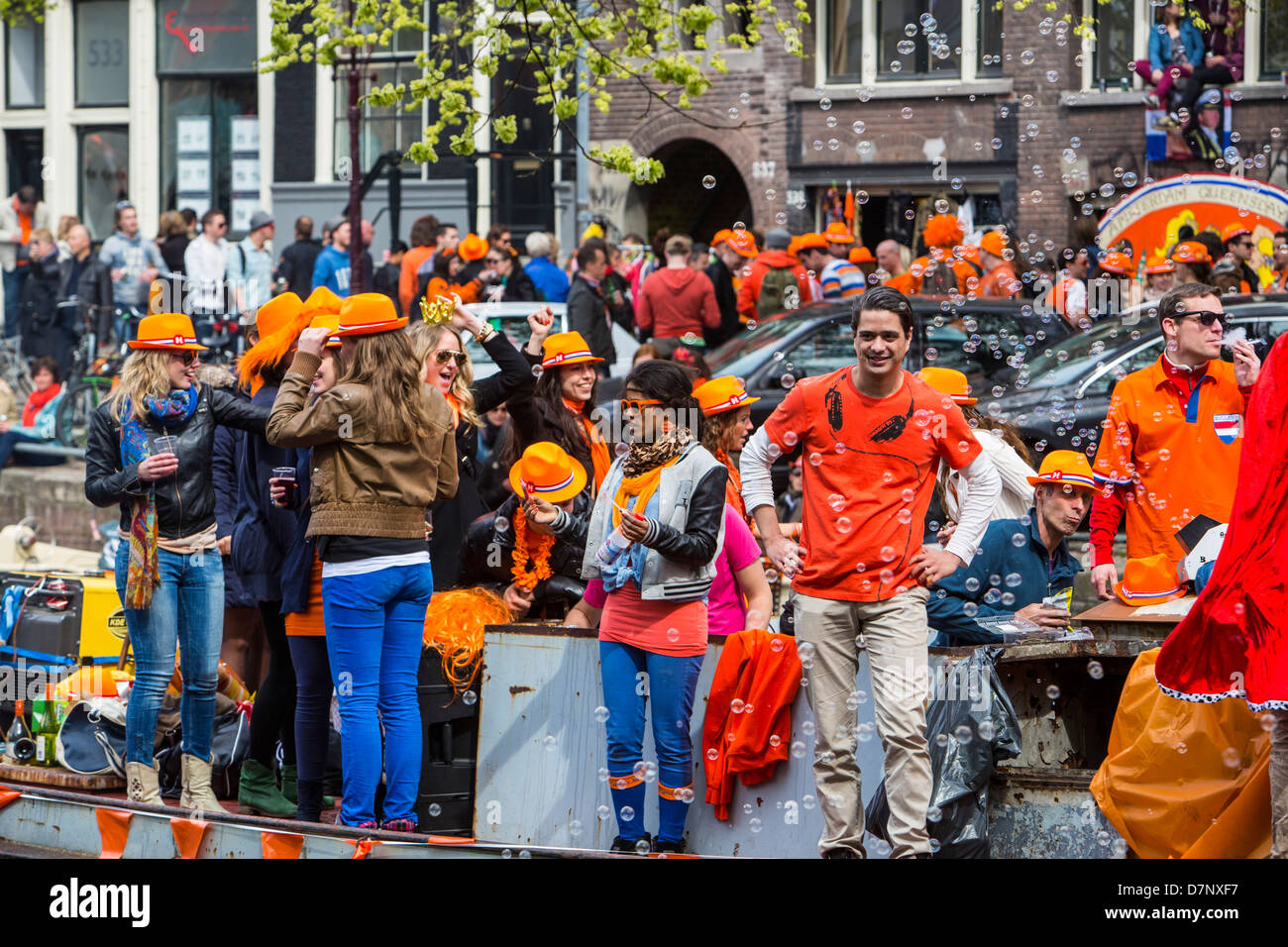 Annual Queens Day in The Netherlands. Boat parade in the canals of ...