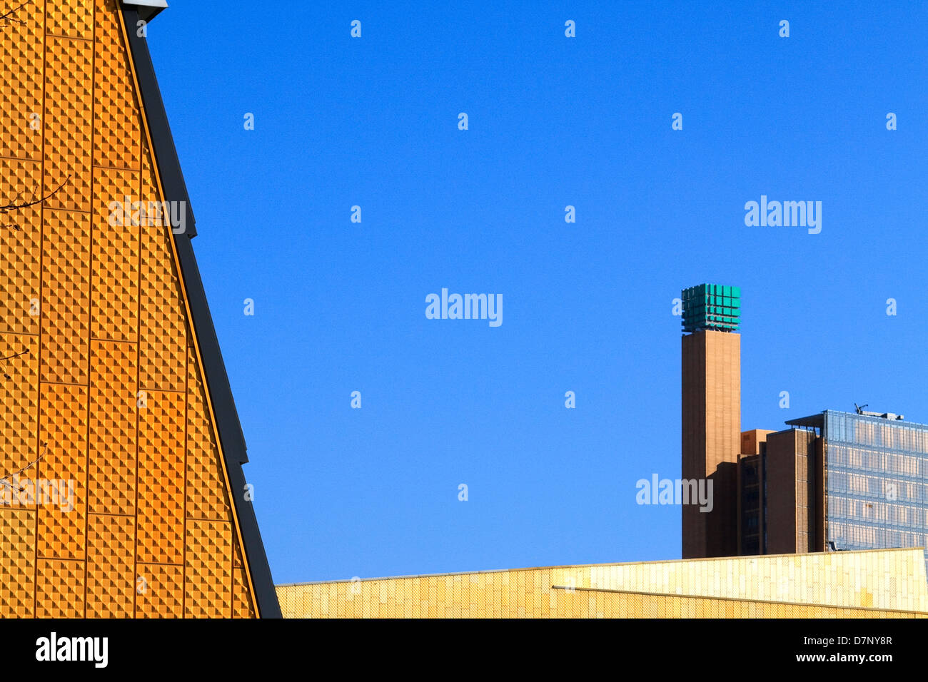 The Berlin skyline with a clear blue sky framed by diverse pieces of ...